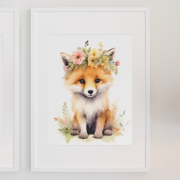 Art | Watercolor Floral Baby Fox Portrait Wall Art Illustration Print ...